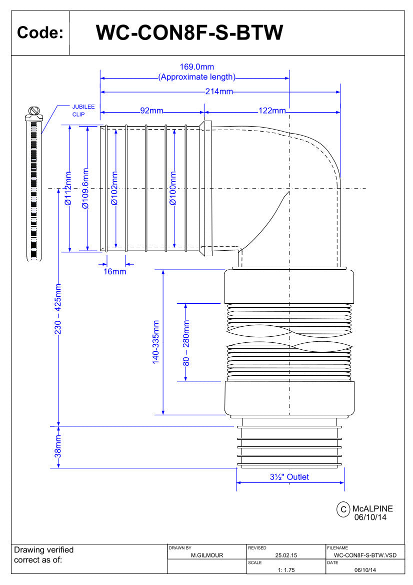 McAlpine WC-CON8F-S-BTW 97-107mm Inlet 90° Flexible WC Connector for ...