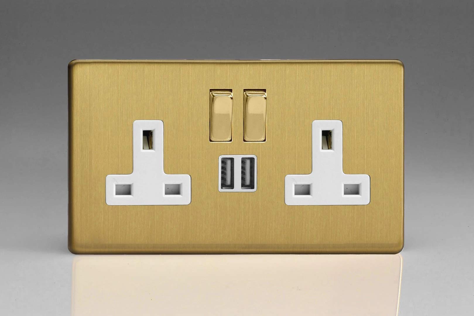 Varilight Flat Plate Screwless Brushed Brass 2-Gang 13 Amp Socket + 2x ...